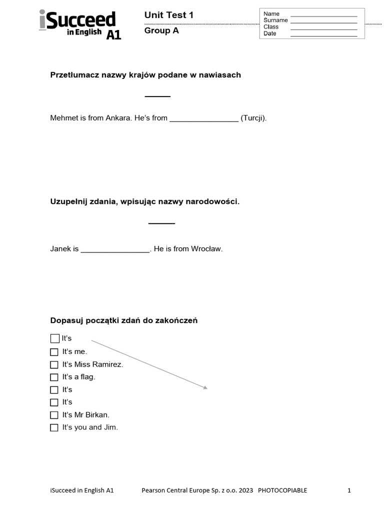 Isucceed A1 Tests Unit 1 Test Group A | PDF