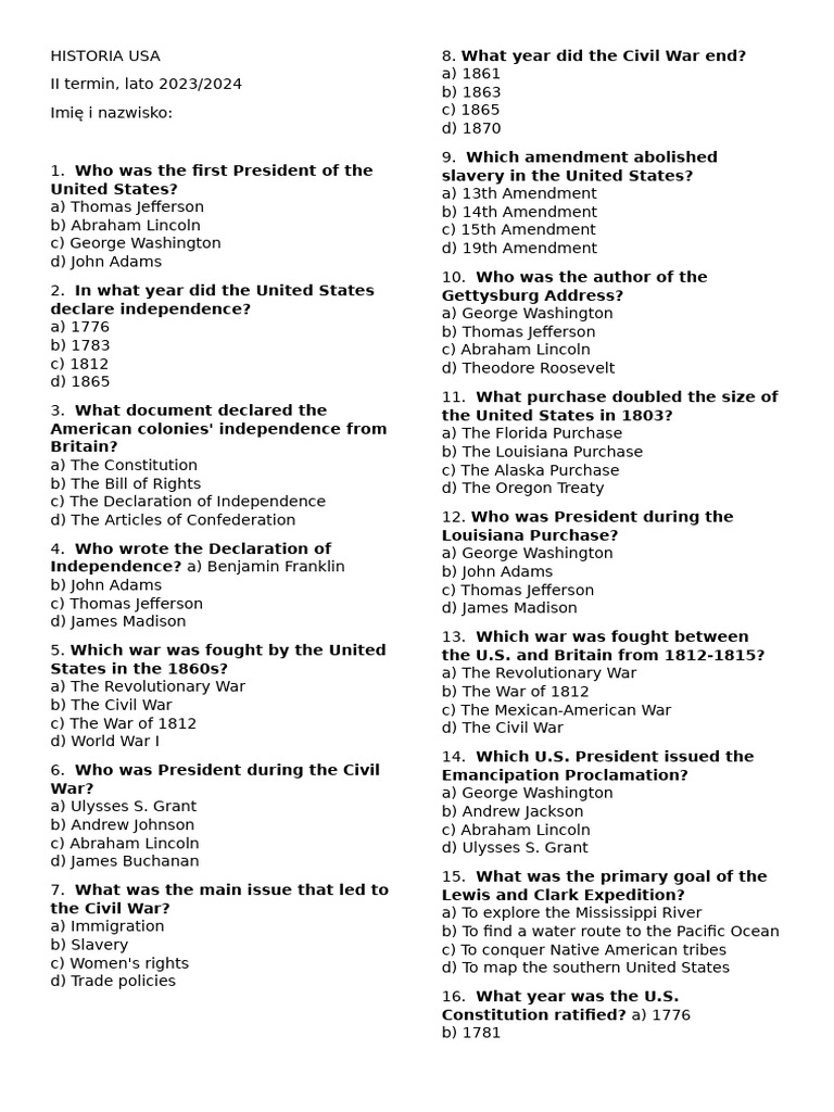 HISTORIA USA - Test | PDF | Presidents Of The United States | American ...