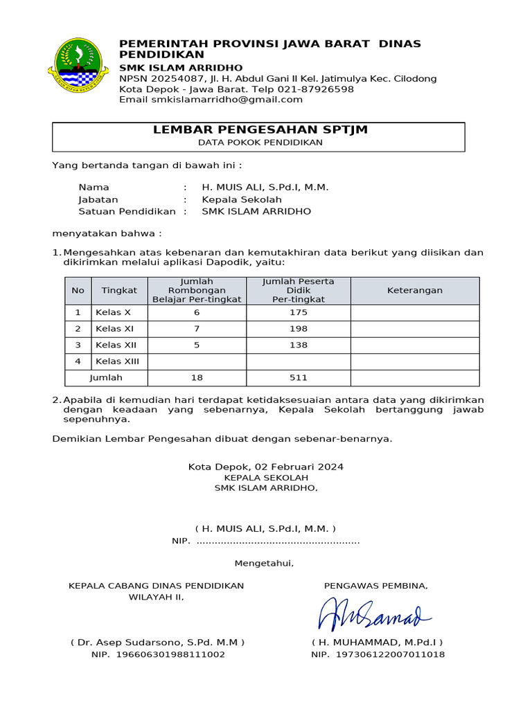 01 SPTJM - Lembar - SMK 2024 | PDF