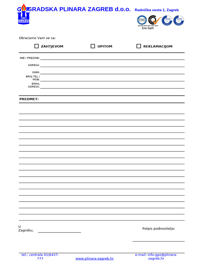Obrazac Za Podnošenje Zahtjeva Upita Reklamacija | PDF