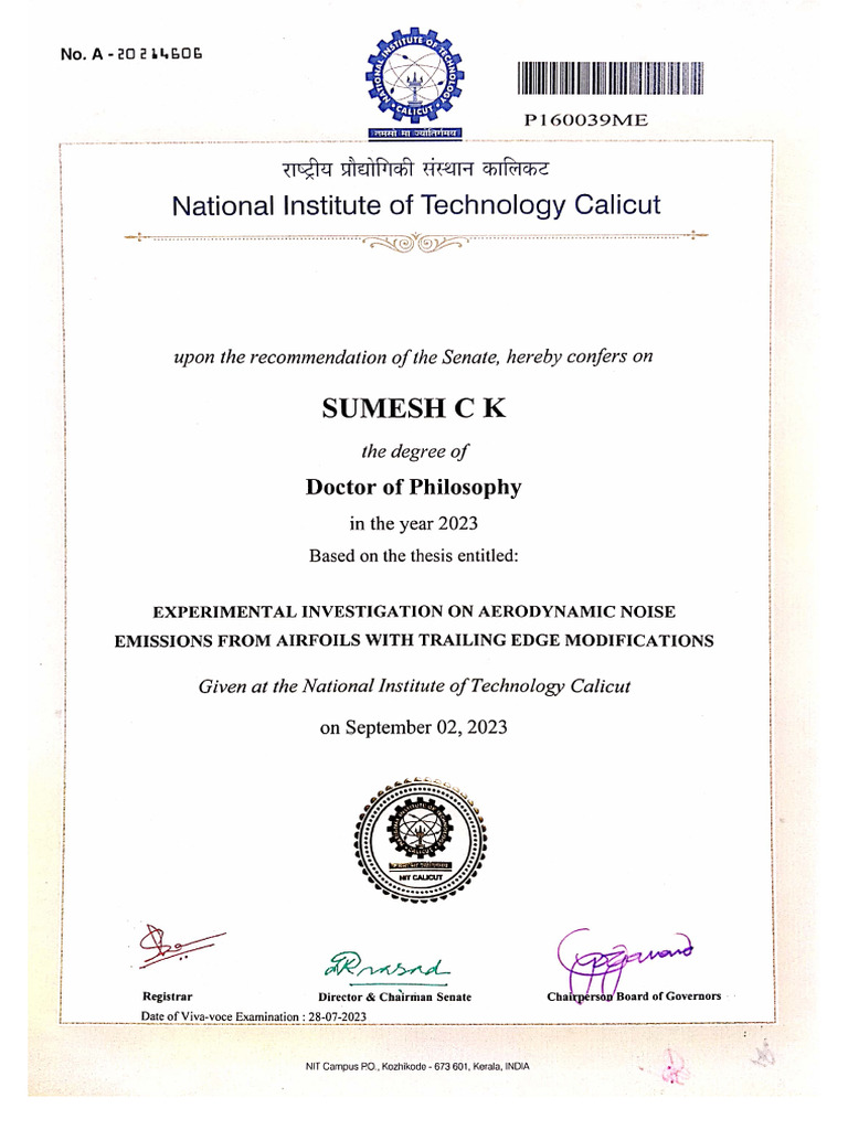 PHD Certificate - 1 - Sumesh C K | PDF