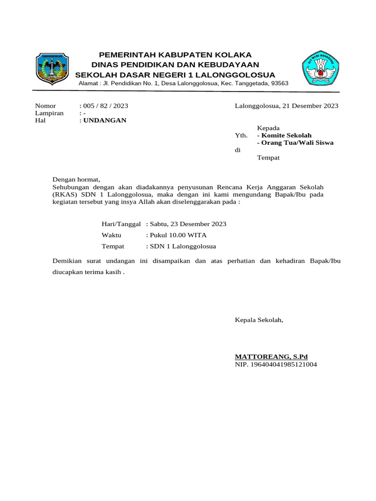 Undangan Rapat Penyusunan RKAS | PDF