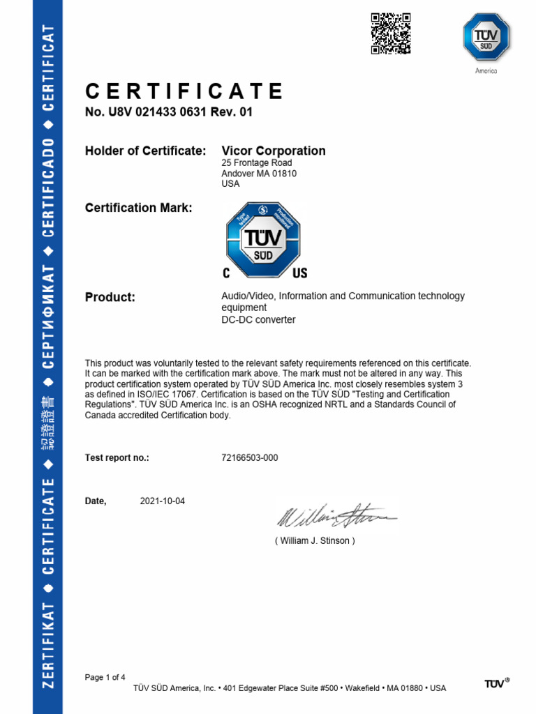 cTUVus Vicor - Cert - 62368 | PDF | Electricity | Electronics