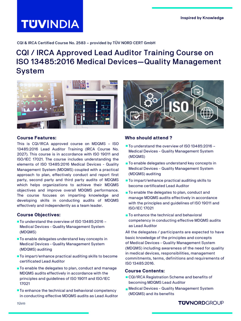 CQI IRCA Approved Lead Auditor Training Course On ISO 134852016 Medical Devices-Quality ...