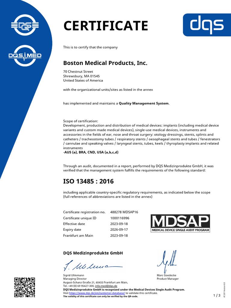 DQS BMP-QM-CER-ISO - 13485 - MDSAP - Boston - Medical - Products - Inc - EN - 01 | PDF | Medical ...
