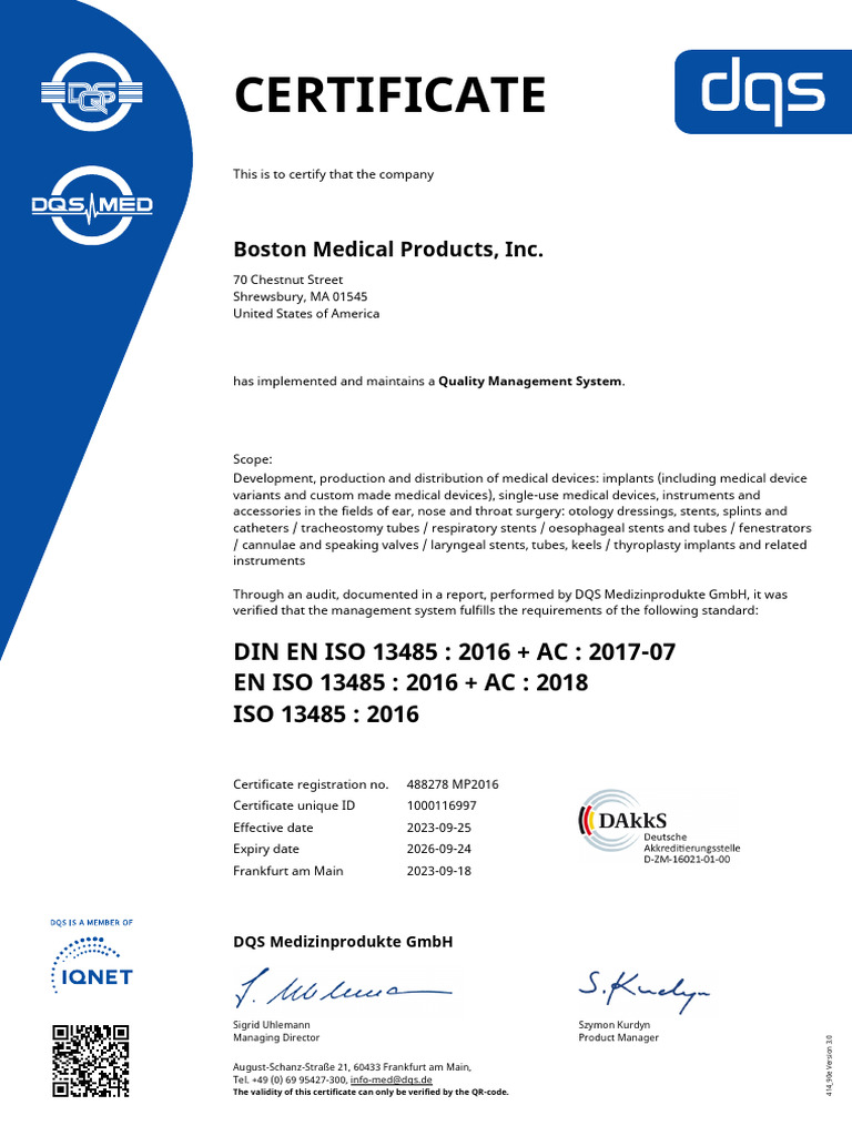 DQS BMP-QM-CER-DIN - EN - ISO - EN - ISO - ISO - 13485 - Boston ...