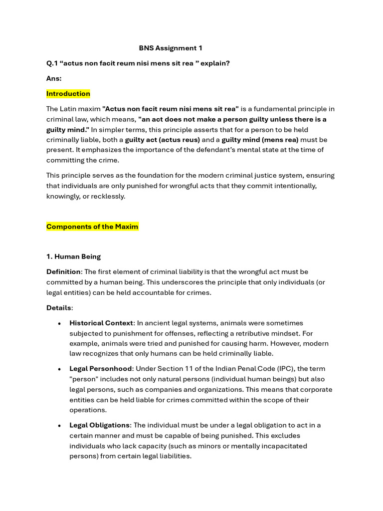 BNS Assignment 1 | PDF | Mens Rea | Criminal Law