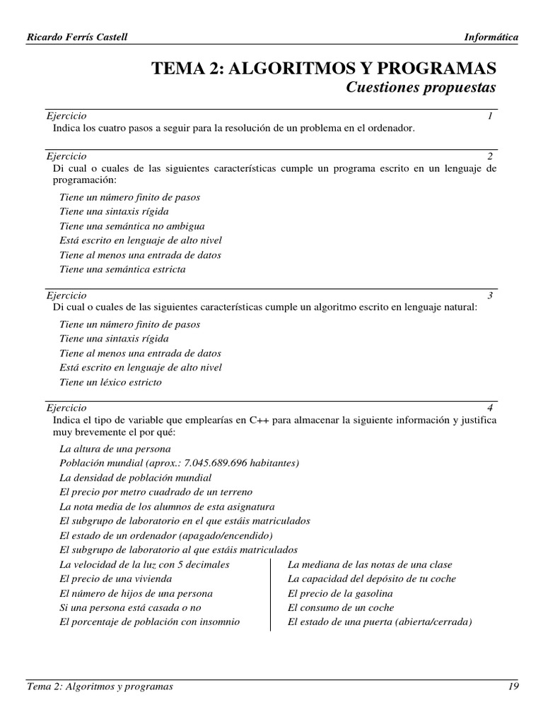 Tema 2. Algoritmos y programas03.CuestionesPropuestas | PDF | Lenguaje de programación | Algoritmos