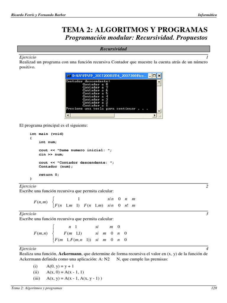 Tema 2. Algoritmos y Programas20.Ejercicios - Progmodular.recursion - Propuestos | PDF ...