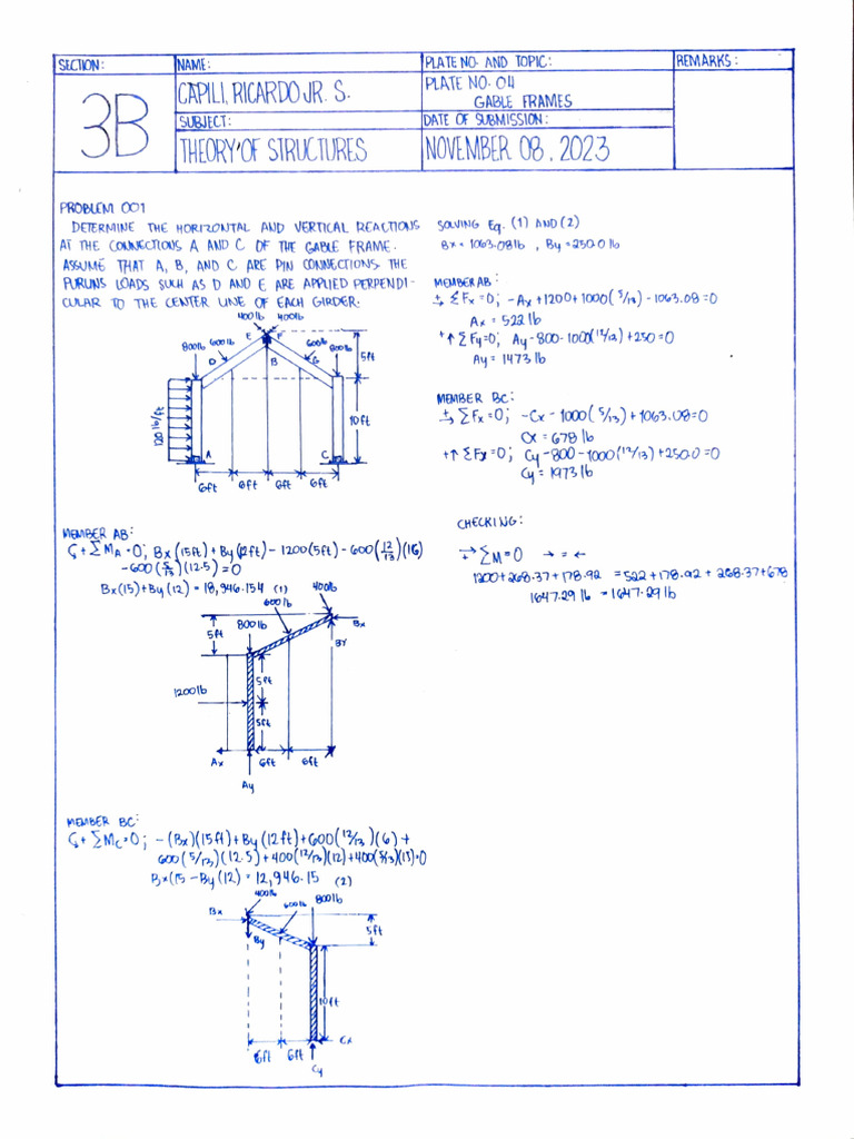 Gable Frame Reaction Analysis | PDF