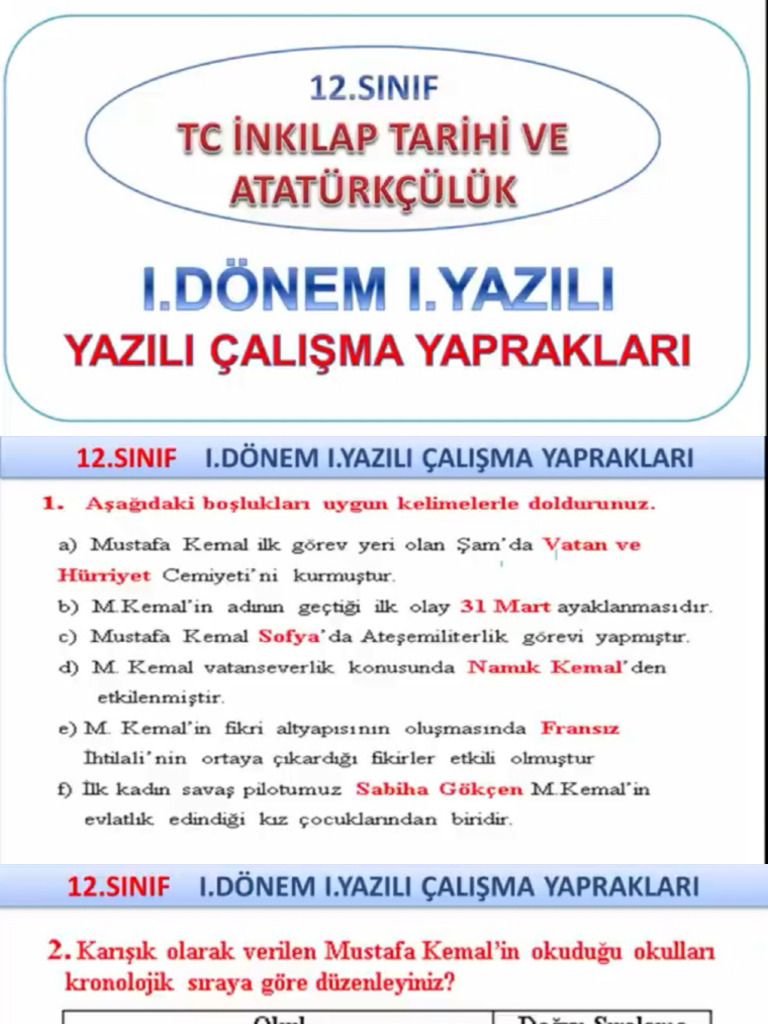 12 Sinif Inkilap Tarihi 1 Donem 1 Yazili Sorulari Ve Cevaplari | PDF