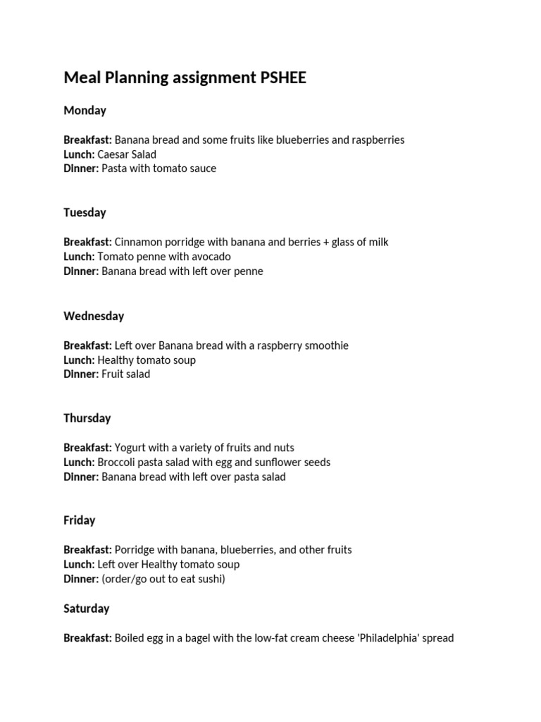 Meal Planning Assignment | PDF | Lunch | Salad