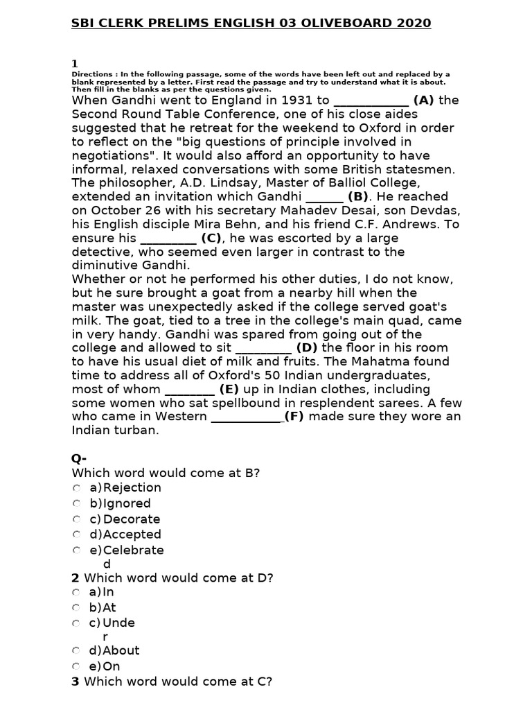 Sbi Clerk Prelims English 03 Oliveboard 2020 | PDF | Mahatma Gandhi