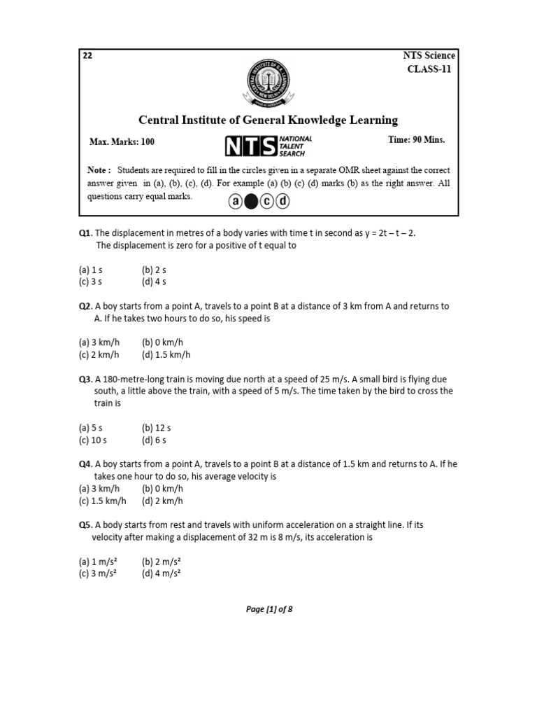 NTS Science Class 11th Sample Paper | PDF | Atomic Orbital | Force