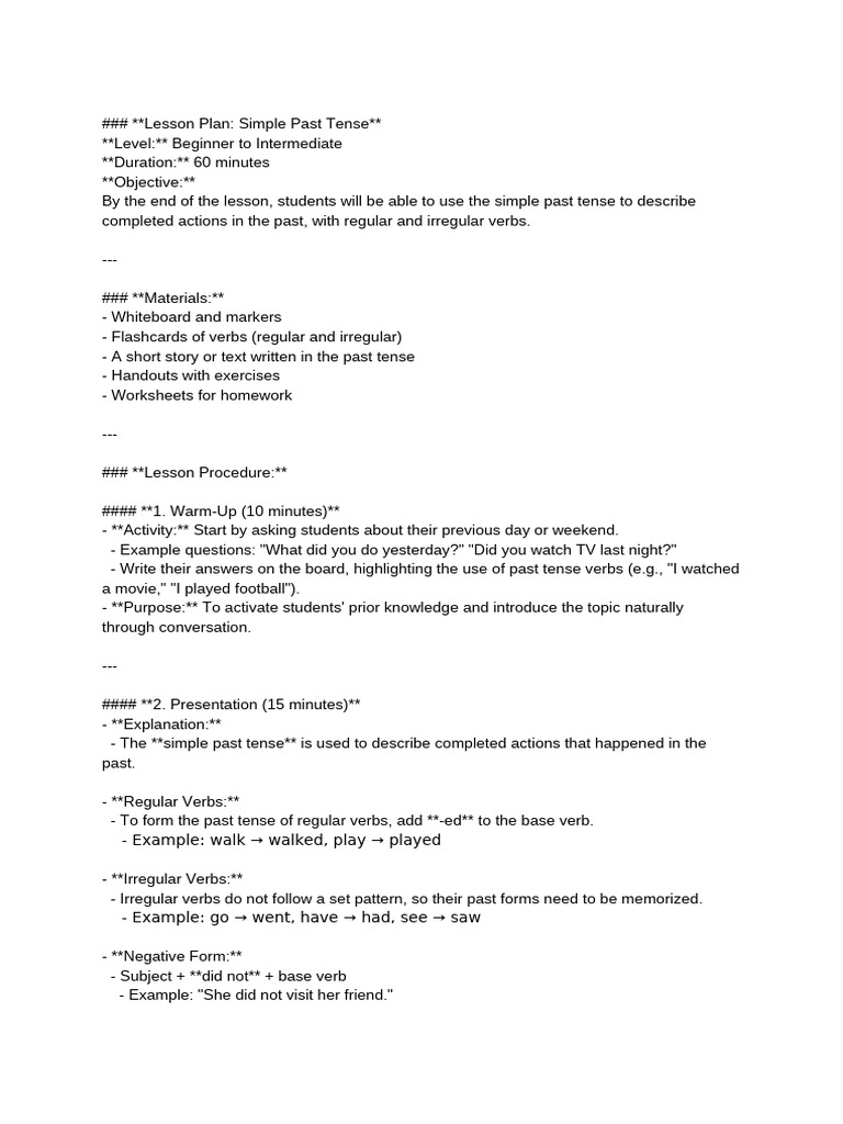 Past Simple - Lesson Plan Beginners | PDF | Grammatical Tense | Verb