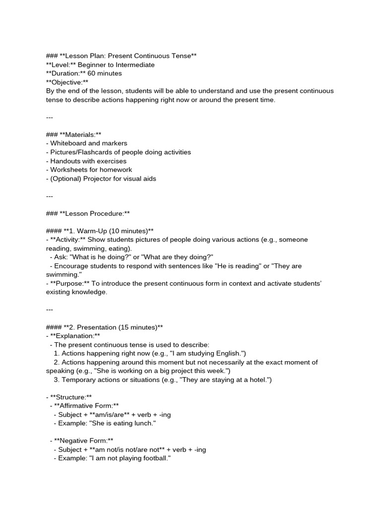 Present Continuous - Lesson Plan Beginners | PDF | Verb | Linguistics