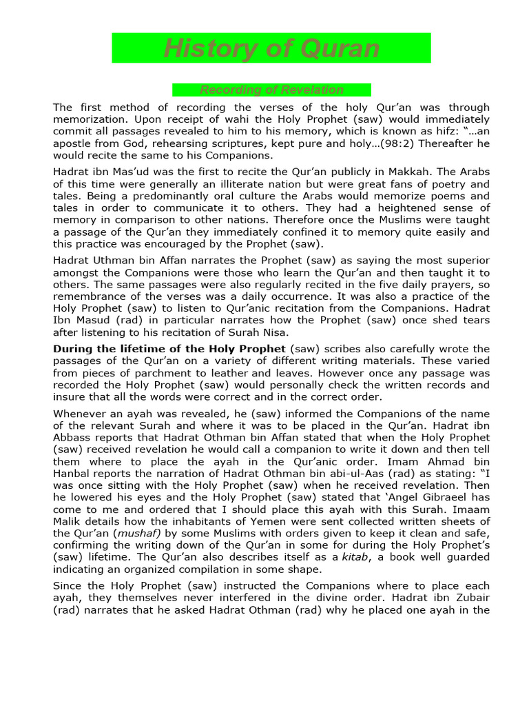 History of Quran | PDF | Quran | Islam