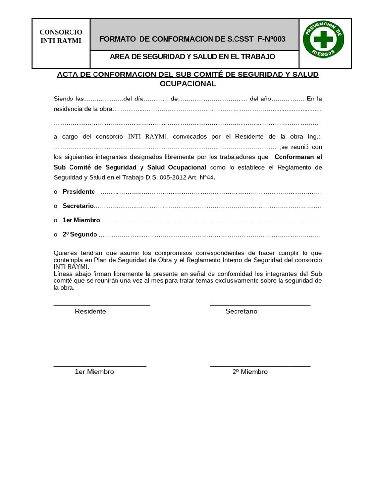 F-Nº003 Formato Acta de Conformacion de SCSST | PDF