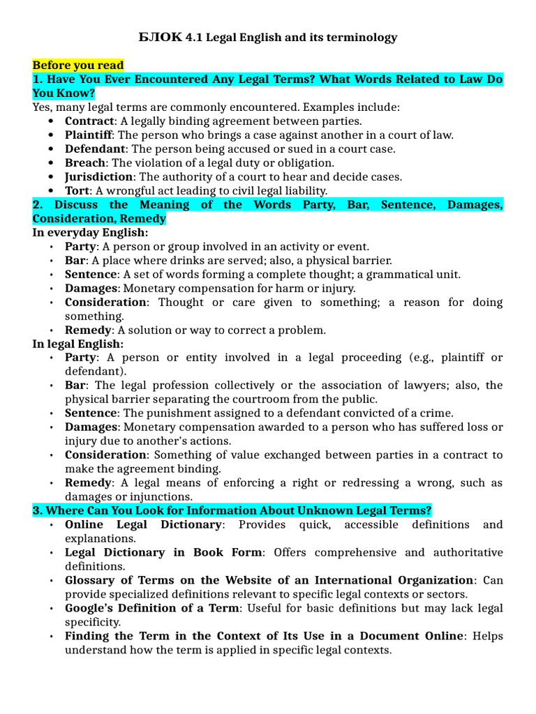 Understanding Legal English Terminology | PDF | Damages | Legal Remedy