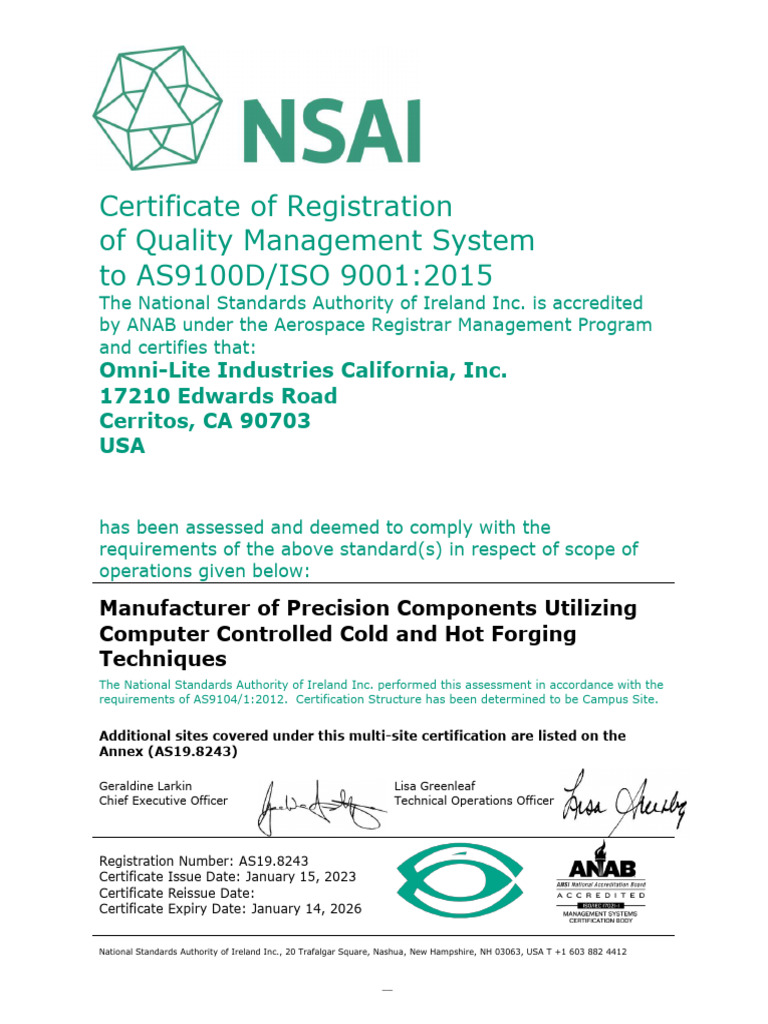NSAI AS19.8243 - Omni-Lite - AS9100D - Certificate - 12-21-22 | PDF