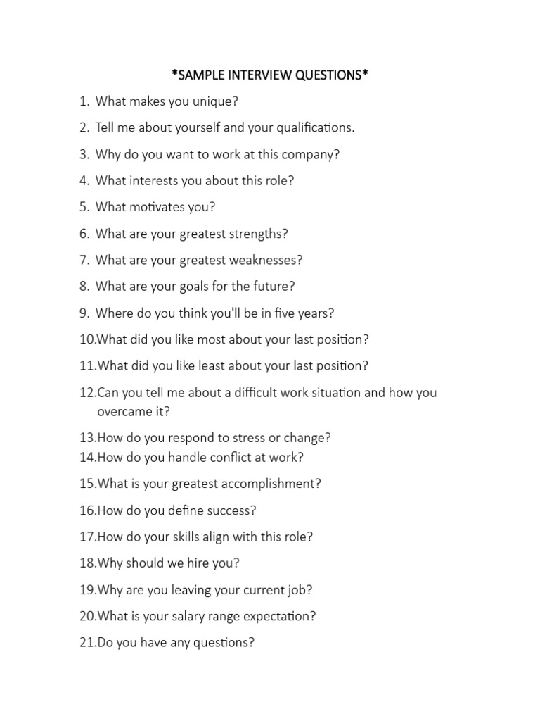 Sample Interview Questions | PDF | Behavior Modification | Psychology