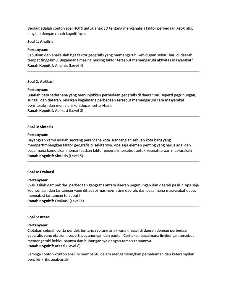 Contoh Soal HOTS untuk Anak SD | PDF