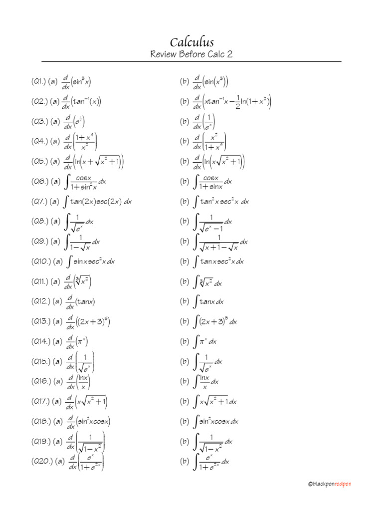 Review Before Calc 2 (20 derivatives and 20 integrals) | PDF