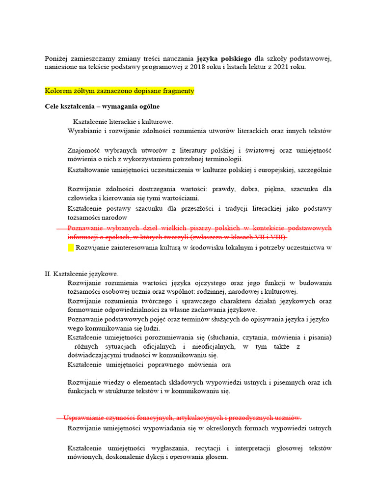 Nowa Podstawa Programowa Do Jezyka Polskiego SP Zmiany | PDF