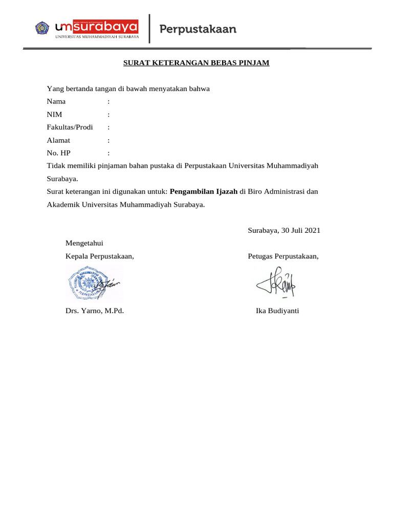 Surat Keterangan Bebas Pinjam | PDF