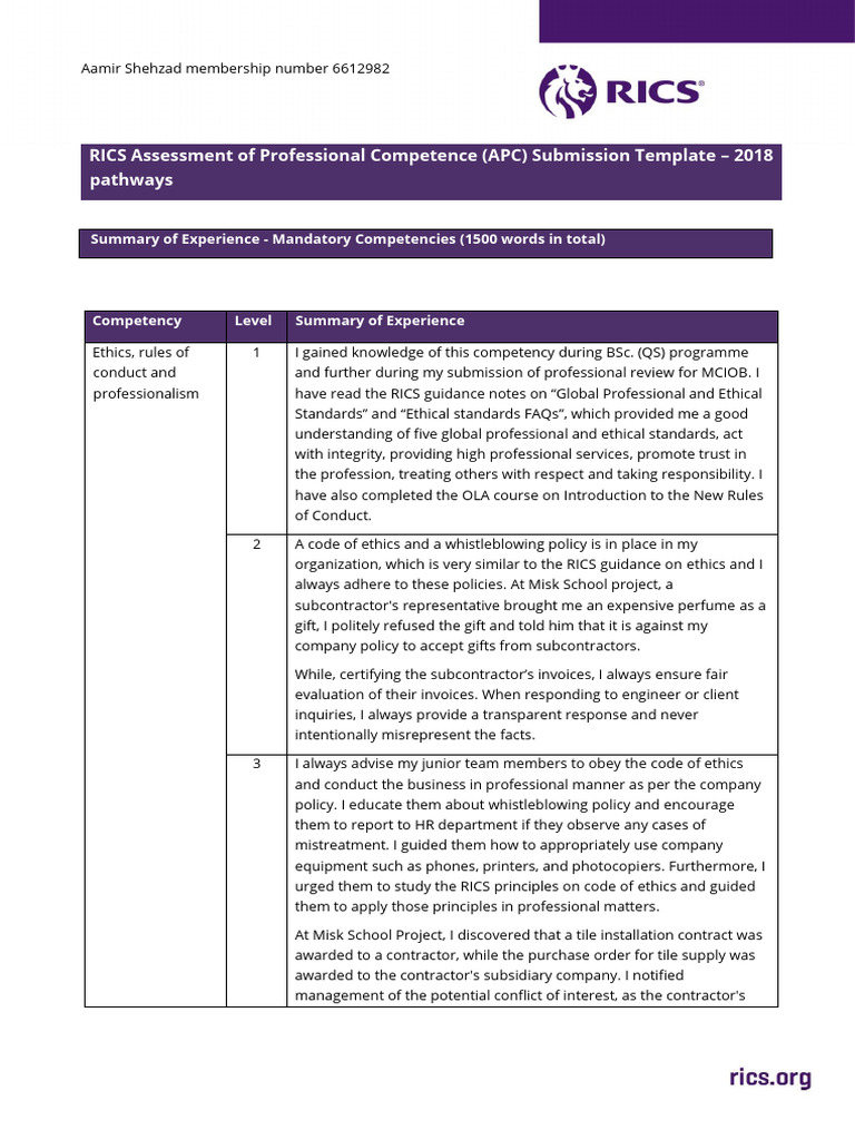 RICS APC Submission: Experience Summary | PDF | Procurement ...