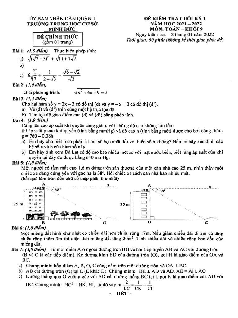 De Thi Cuoi Ky 1 Toan 9 Nam 2021 2022 Truong Thcs Minh Duc TP HCM | PDF