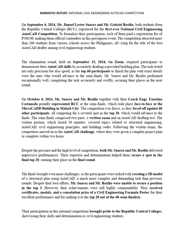 Narrative Report - National Autocad Competition | PDF | Engineering