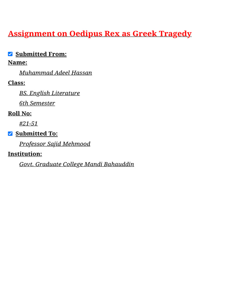 Oedipus Rex As Greek Tragedy | PDF | Oedipus | Tragedy