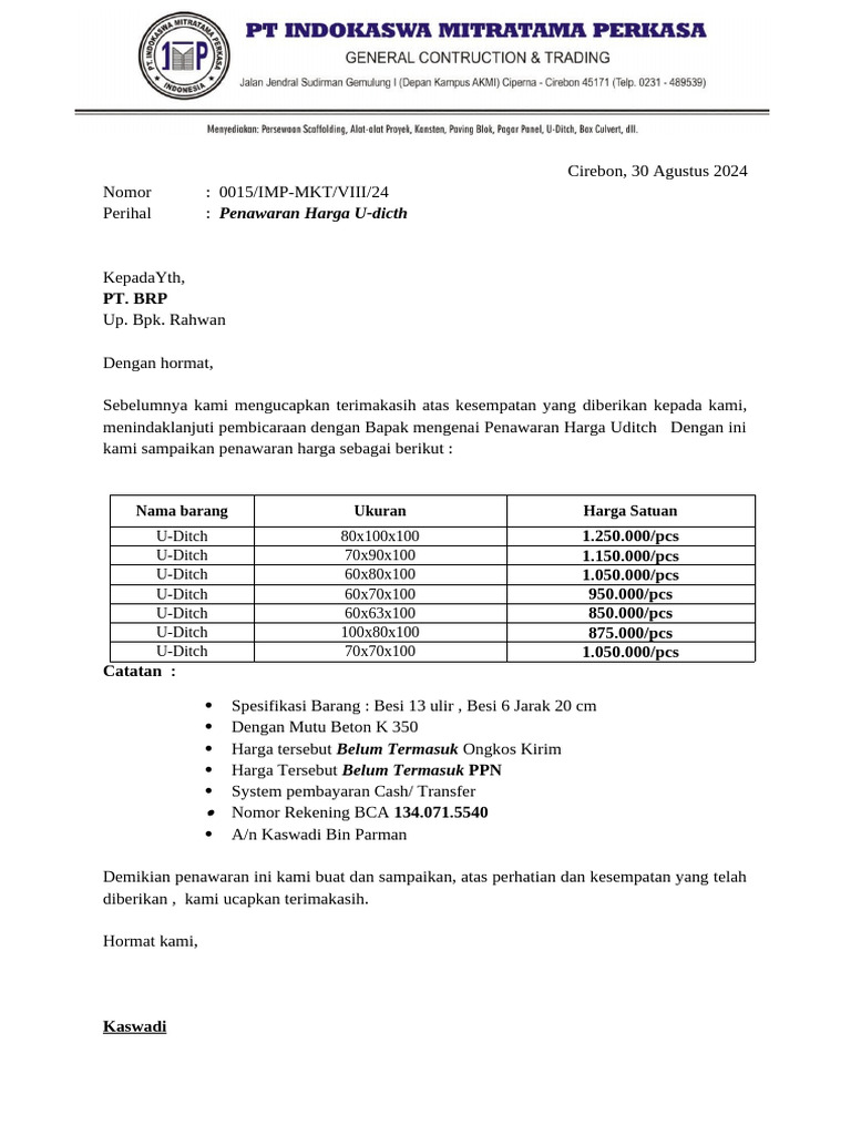 Penawaran U-Ditch Pak Widodo | PDF