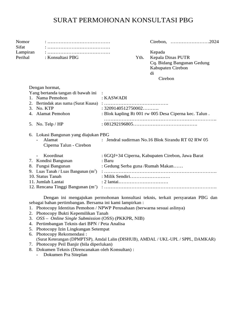 Surat Permohonan Konsultasi PBG 2023 - Fungsi Usaha & Surat Pernyataan - 021412 | PDF