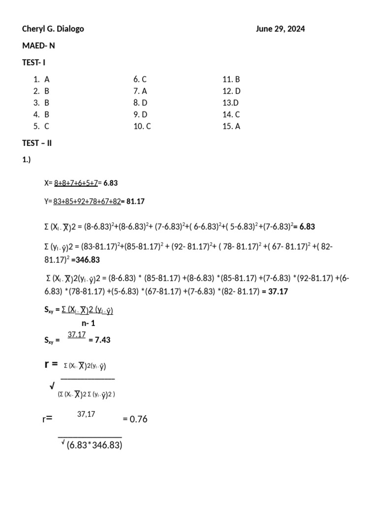 Cheryl D. Stat (Test 1# 1 To 15. Test - II # 1 Final) | PDF ...