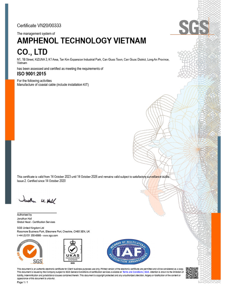 SGS Ampnethon ISO 90012015 Certificate Vietnam | PDF