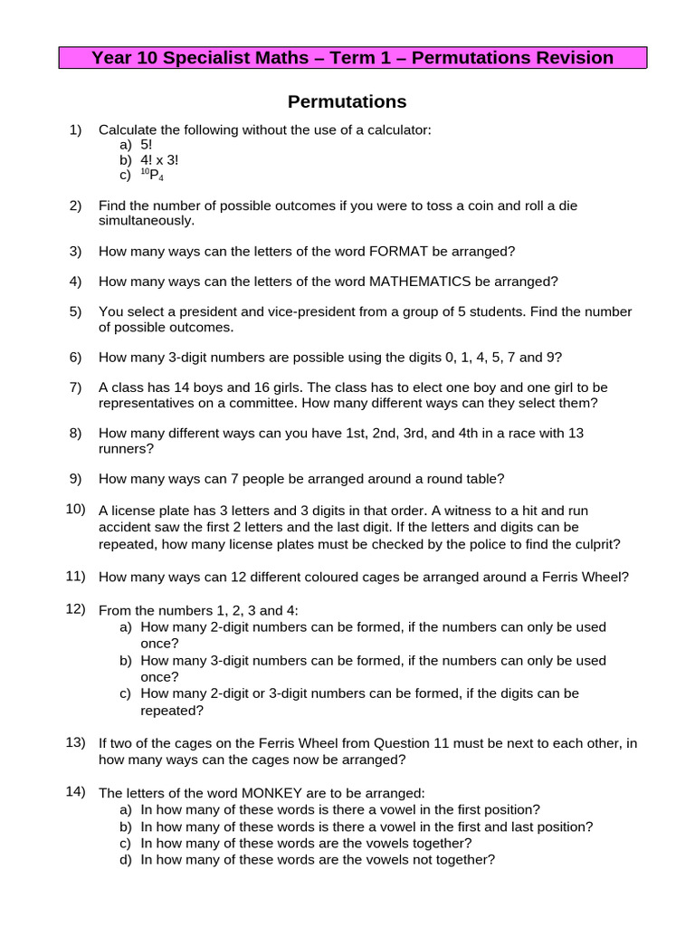 Year 10 Maths: Permutations Revision | PDF
