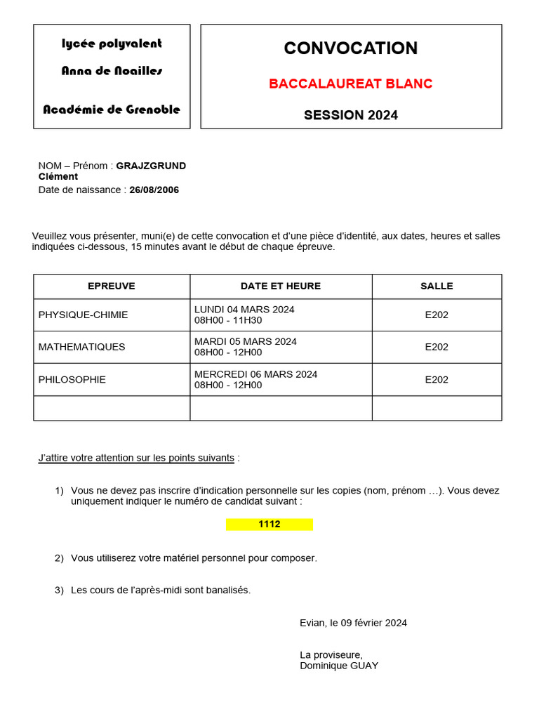 Convocation Bac Blanc 2024 | PDF