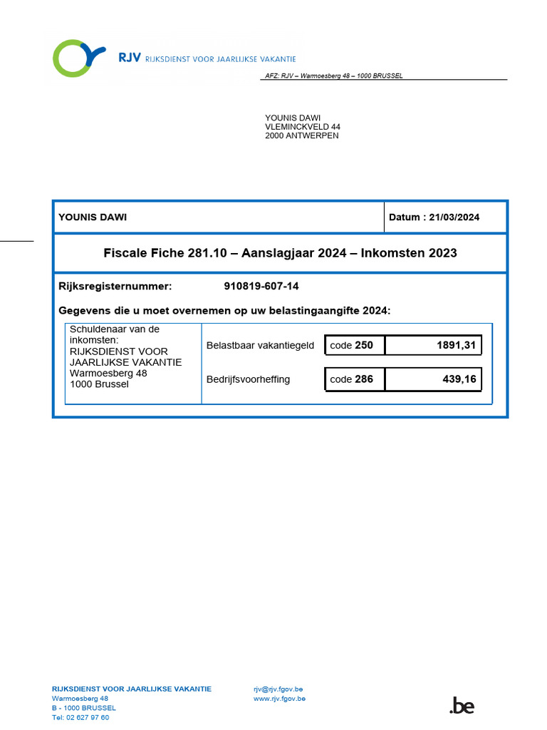 Fiscale Fiche 281.10 - Aanslagjaar 2024 - Inkomsten 2023 | PDF