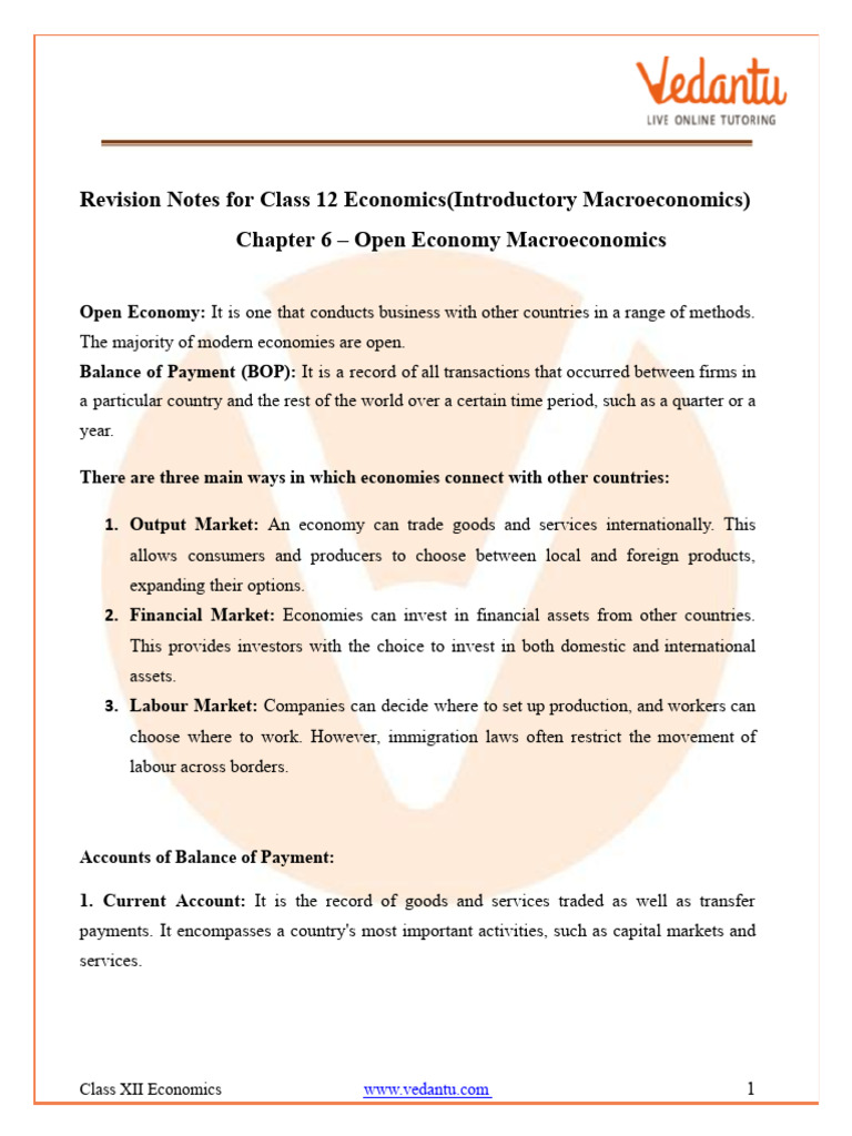 Class 12 Economics: Open Economy Notes | PDF | Balance Of Payments | Debt