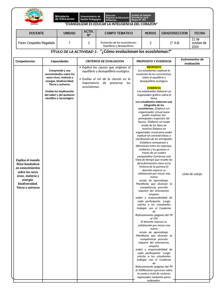U7 - S1 - Evolucion de Los Ecosistemas | PDF | Evaluación | Aprendizaje