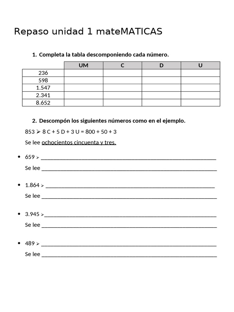 Repaso Unidad 1 mateMATICAS | PDF