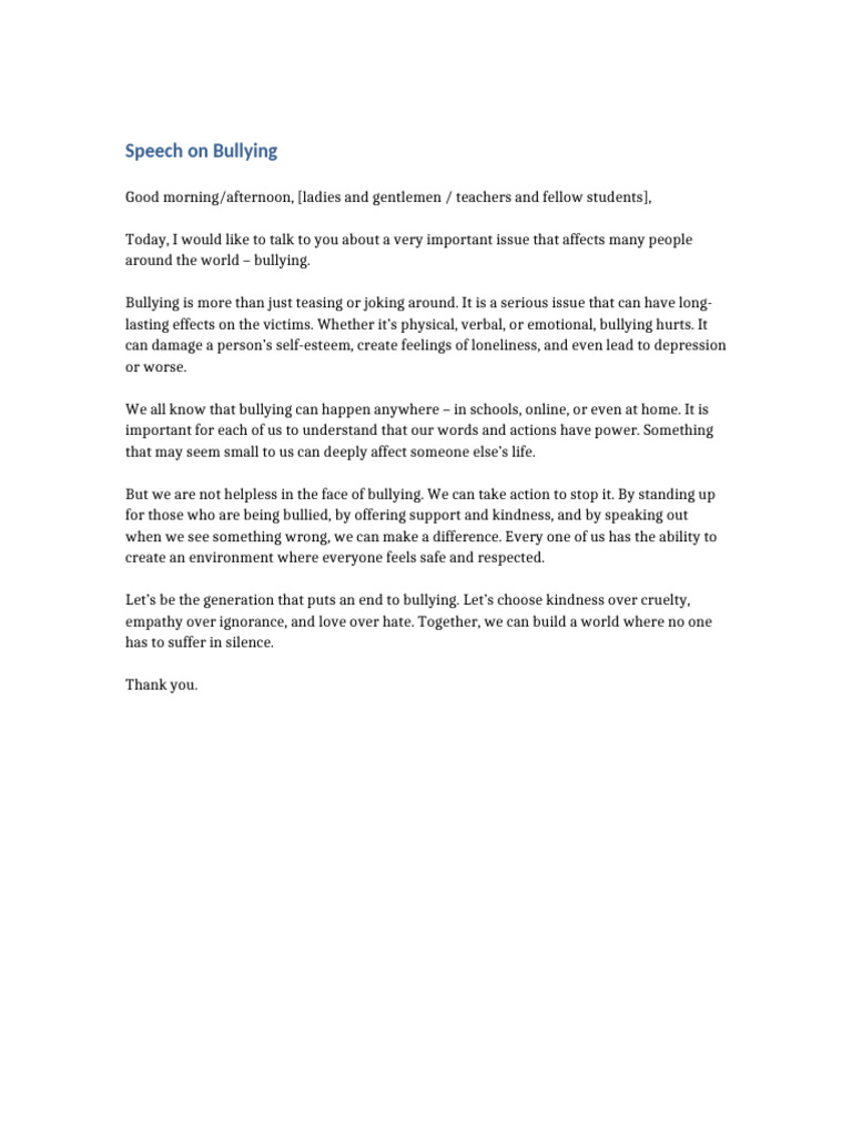 Speech On Bullying | PDF