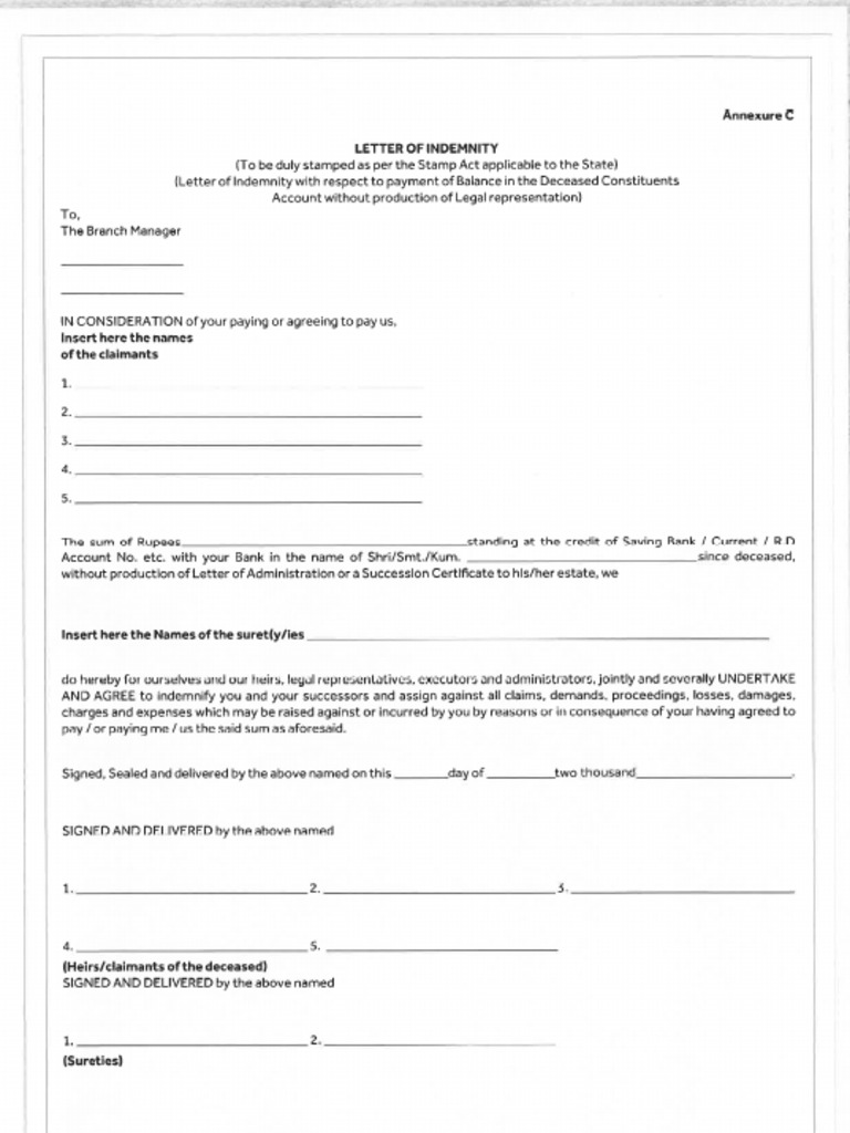Letter of Indemnity - Annexure C | PDF