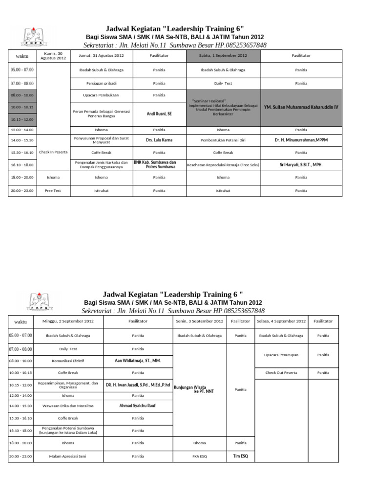 Jadwal Leadership Training 6 NTB 2012 | PDF