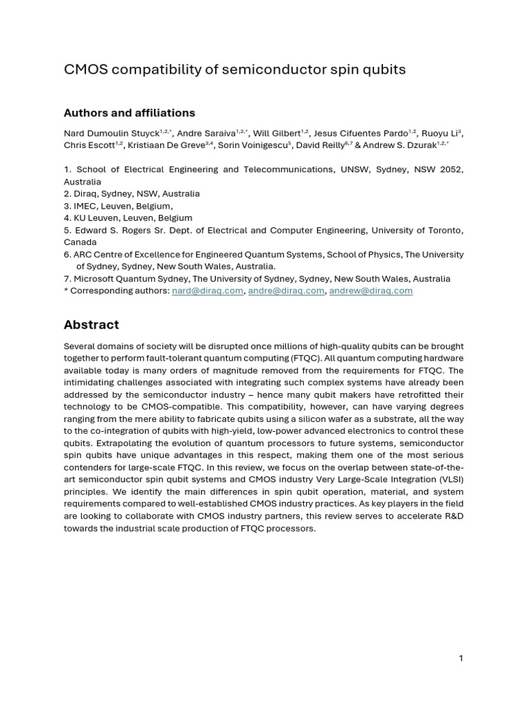 CMOS Compatibility of Semiconductor Spin Qubits: Authors and Affiliations | PDF | Quantum ...