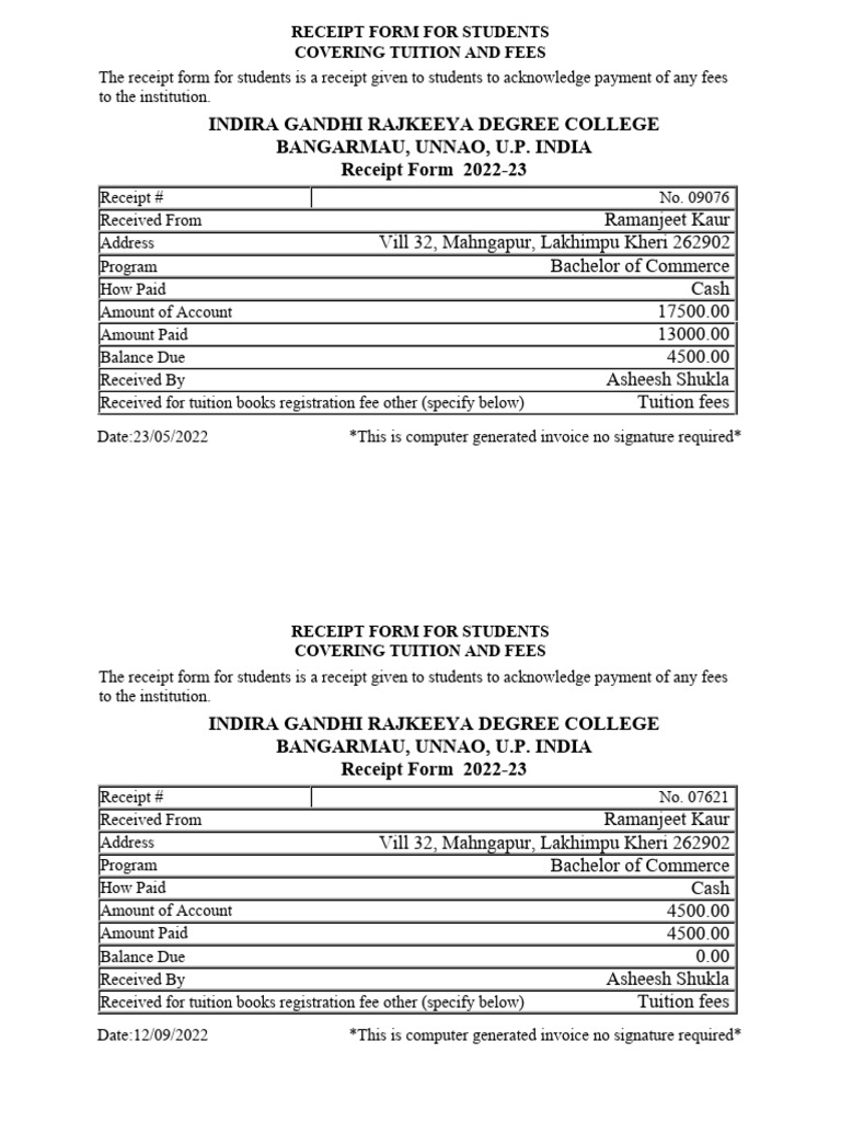Tuition and Fees Receipt Form | PDF | Receipt | Payments