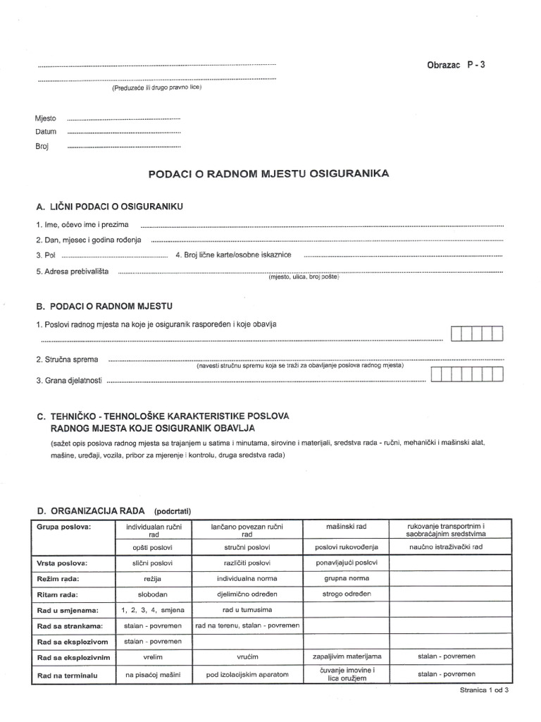 Obrazac P-3, Podaci o Radnom Mjestu Osiguranika | PDF