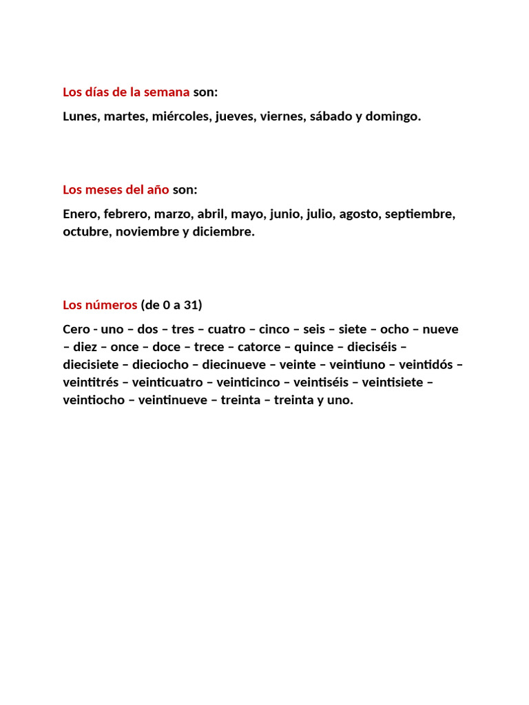 Días, Meses y Números del 0 al 31 | PDF | Viajes y turismo